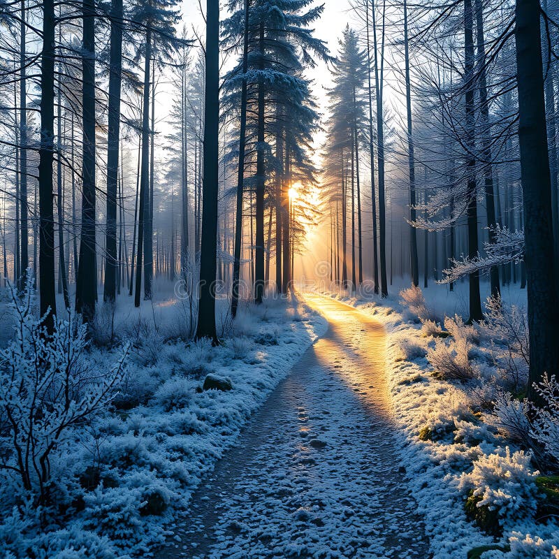 Frosty Forest Path in Norway with Golden Light Stock Illustration ...