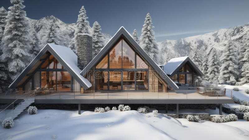 Frosty Frames. Modern Chalet in Winter with Snow Covered Trees on ...