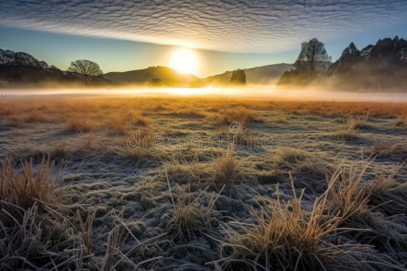 Frosty Grass Field with Sun Rays Breaking through Fog Stock ...