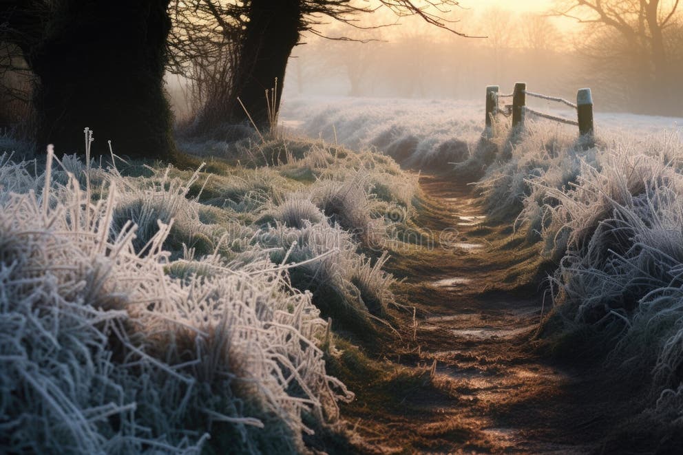 Frosty Grass by the Side of a Meandering Path Stock Photo - Image of ...