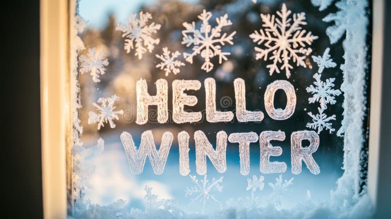 Frosty Hello Winter Message on Chilly Window Pane Stock Photo - Image ...