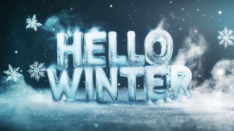 Frosty Hello Winter Text with Snowflakes on Cool Blue Background Stock ...