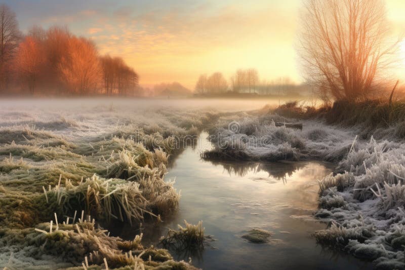 Frosty Morning Landscape with Mist Rising Over a River Stock ...