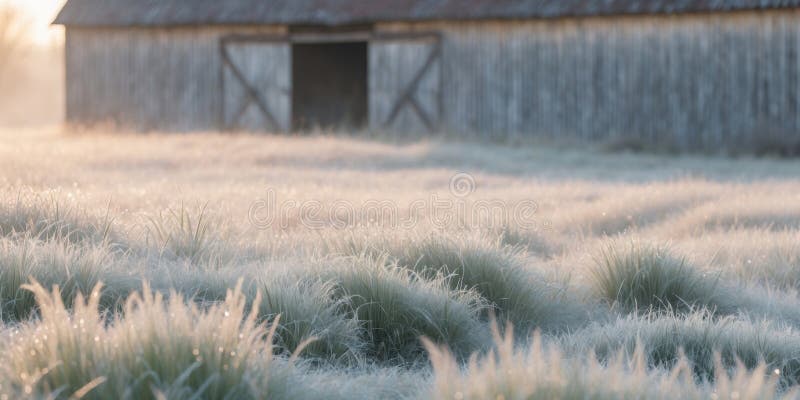 Frosty Morning Light on Grass with Barn Backdrop Stock Image - Image of ...