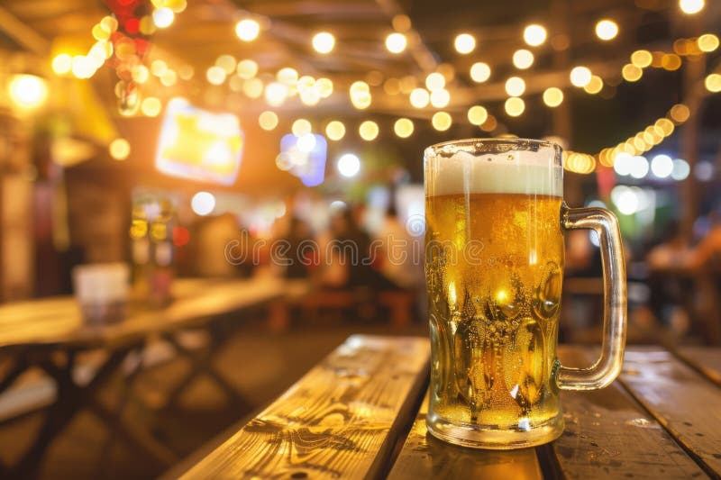 A Frosty Mug of Beer Sits on a Wooden Table in a Lively Bar Setting ...
