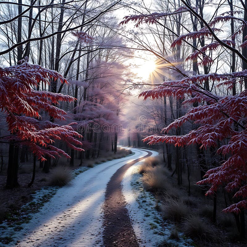 Frosty Path in Japanese Maple Forest Stock Illustration - Illustration ...