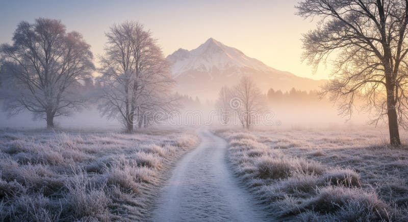 Frosty Path Leading To a Snowy Mountain at Sunrise Stock Illustration ...