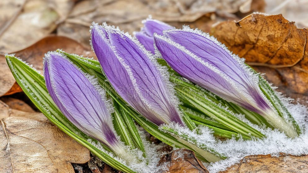 Frosty Purple Crocus Buds Emerge, Forest Floor, Spring Stock Photo ...