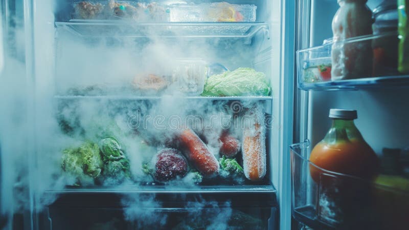 Frosty Refrigerator Interior with Fresh Vegetables and Misty Cold Air ...