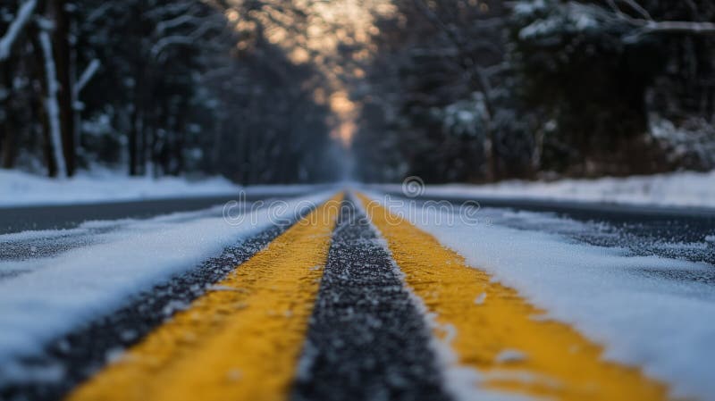 Frosty Road with Yellow Lines Leading through a Winter Forest Stock ...