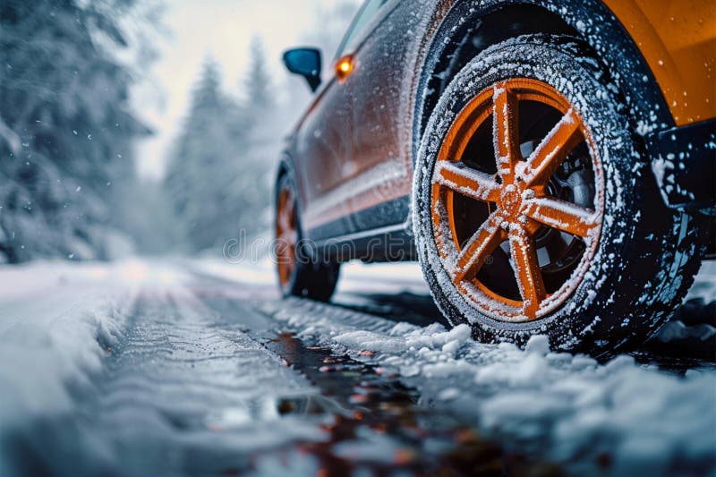 Frosty Traction Car Wheel in Snow, Highlighting Wintry Conditions Stock ...