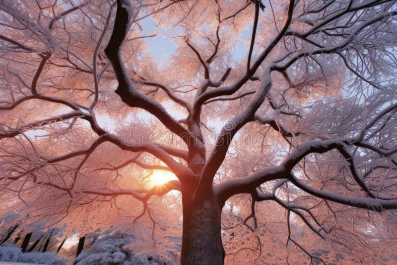 Frosty Tree Branches Backlit by the Rising Sun Stock Illustration ...