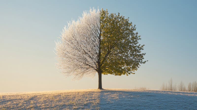 A Frosty Tree Half Covered in Snow, Half Budding with Fresh Leaves a ...