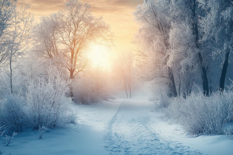 Frosty Trees Line a Path through a Snowy Forest at Sunset Stock ...