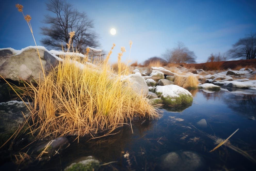 Frosty Vegetation by a Moonlit Lakeside Stock Illustration ...