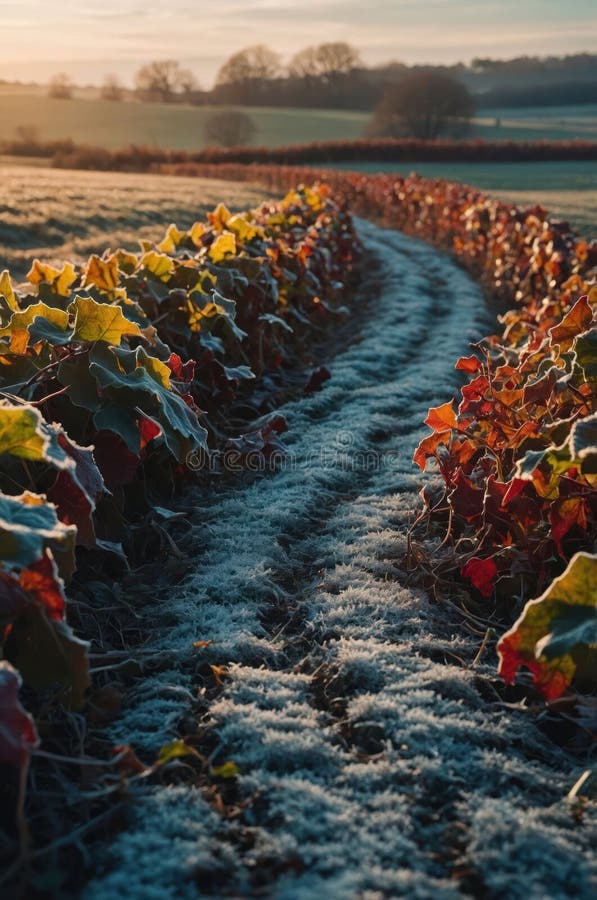 Frosty Path through Autumnal Foliage at Sunrise Stock Illustration ...