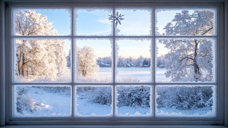 Frosty Window View of a Snowy Winter Wonderland Stock Illustration ...