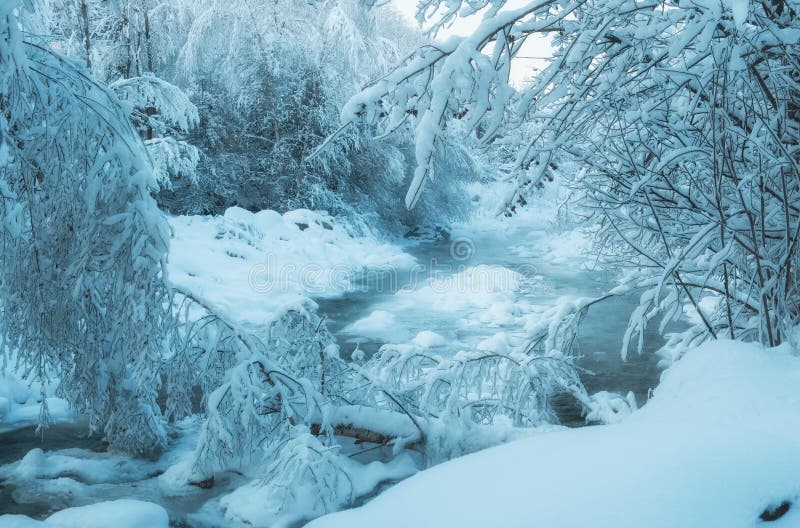Frosty Winter Landscape, River Flows and Soars Under Ice and Snow in ...