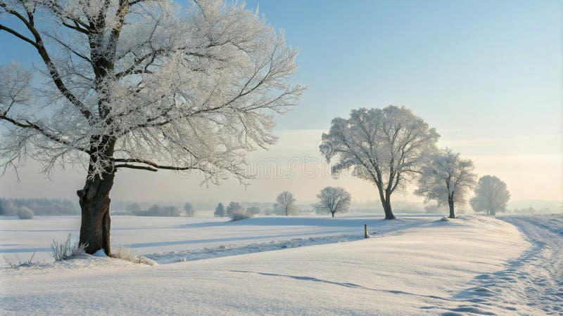 Frosty Winter Landscape with Trees and Path Stock Illustration ...