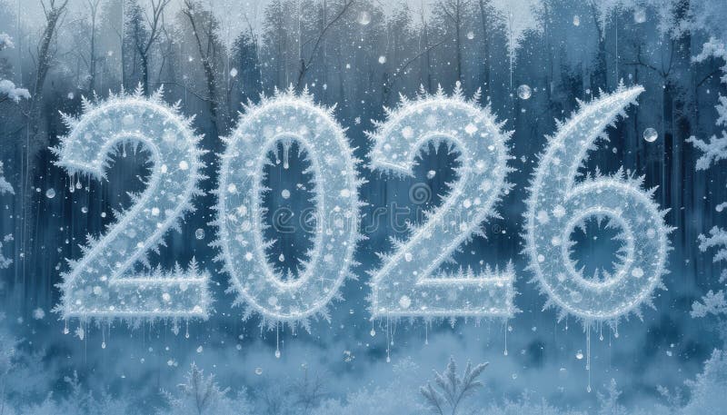 Frosty Winter Landscape with the Year 2026 Formed from Ice and Snow in ...