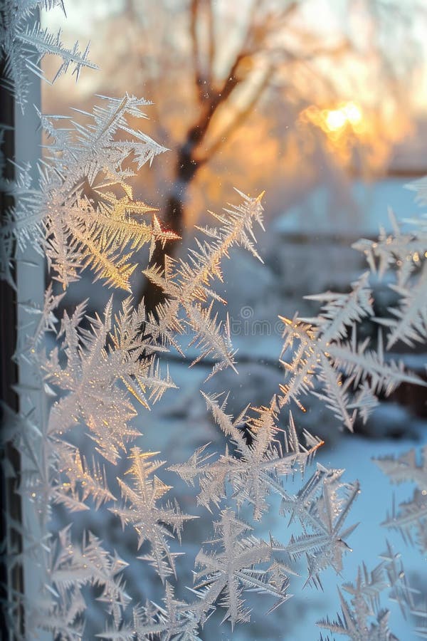 Frosty Winter Sunrise through Ice Crystal Window Pattern Stock Image ...