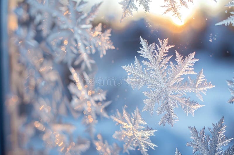Frosty Winter Sunrise through Ice Crystal Window Pattern Stock ...