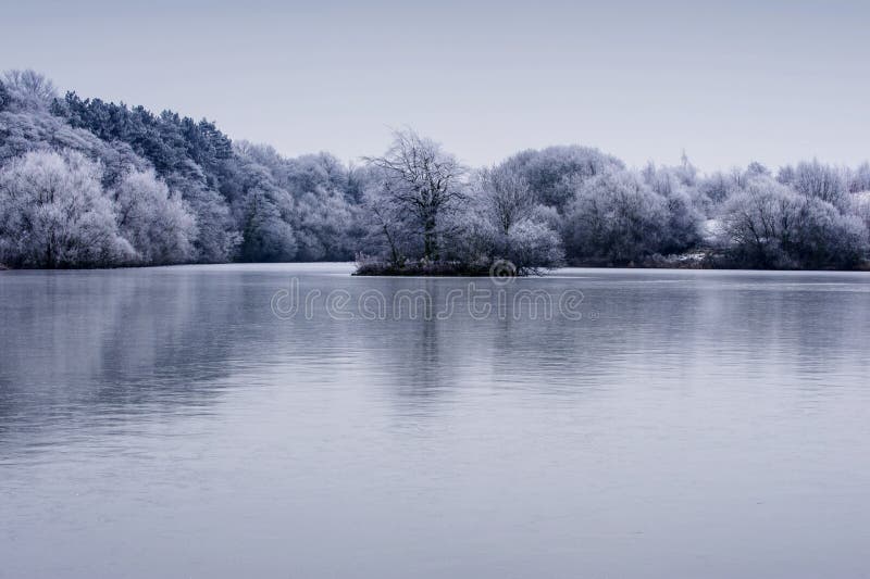Frosty Winter Trees Landscape with Reflection in Lake Stock Photo ...