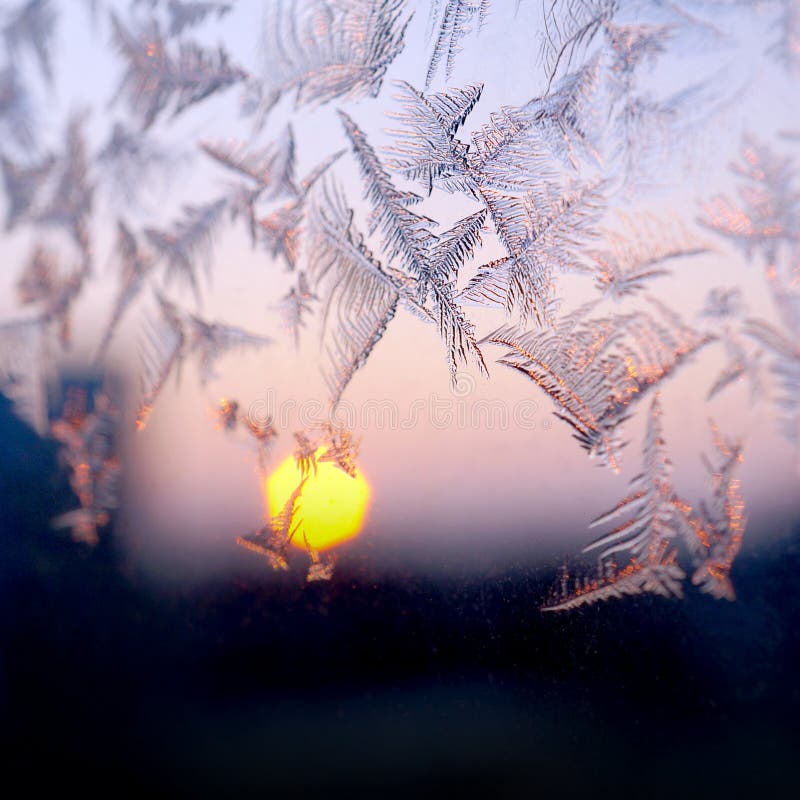 Frosty Winter Window, Sunset Stock Photo - Image of decoration ...