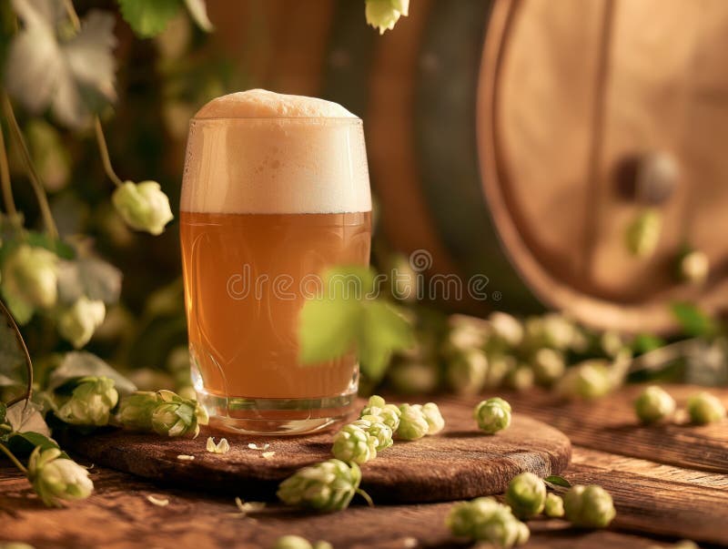 Frothy Beer Glass with Hops and Barrel Stock Image - Image of foam ...