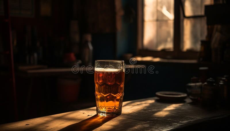 Rustic Bar Counter with Whiskey Barrel, Beer Keg, and Pint Glass ...