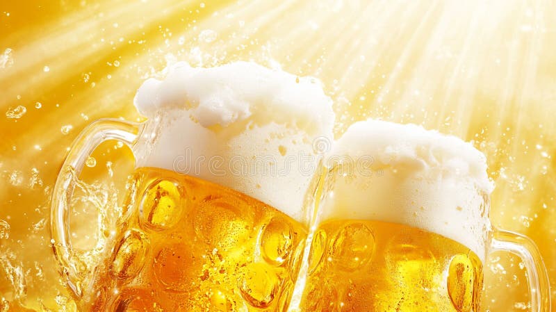 Frothy Beer Mug with Splashing Liquid on Golden Background Stock ...