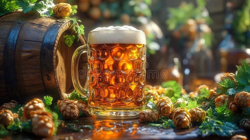 Frothy Beer Mug Surrounded by Fresh Hops and Green Leaves on a Rustic ...