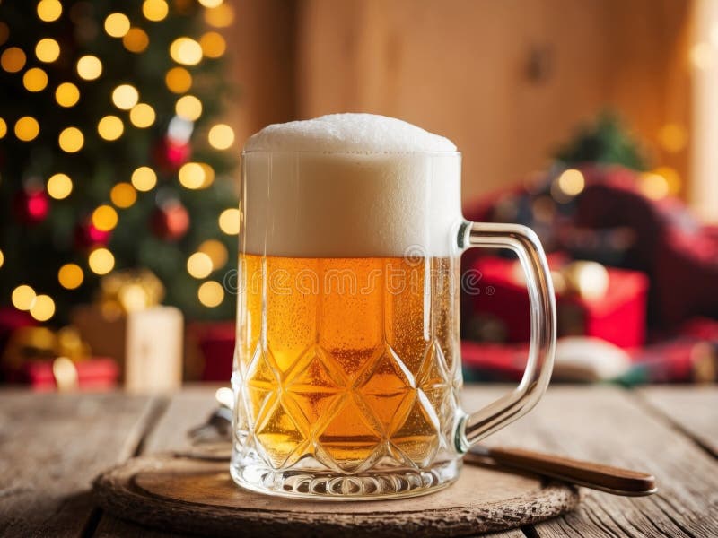 Frothy Beer Mug in a Warm Festive Setting with Blurred Lights in the ...
