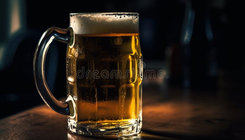 Frothy Beer in a Transparent Glass on a Wooden Table Generated by AI ...