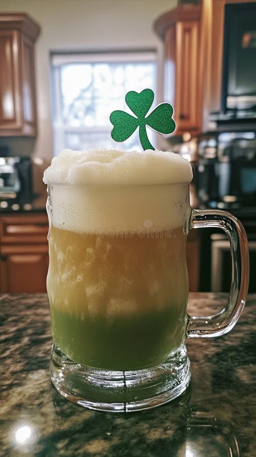 A Frothy Green Beer Mug with a Shamrock Garnish on the Rim. Pic Stock ...