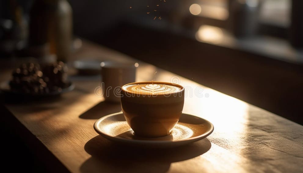 Frothy Latte in Coffee Cup on Table, Served by Barista Generated by AI ...