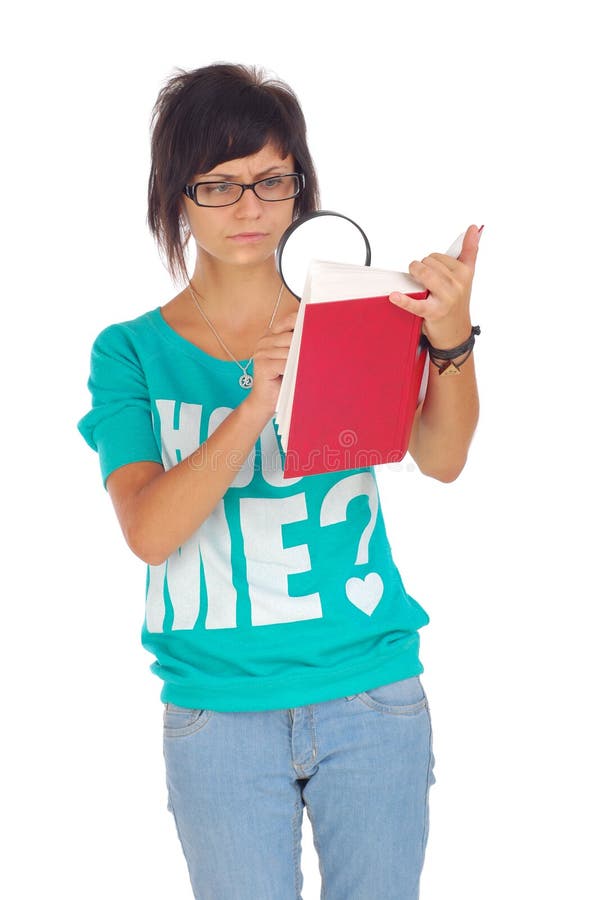 Frowning Female Student Looking in the Book Stock Photo - Image of ...