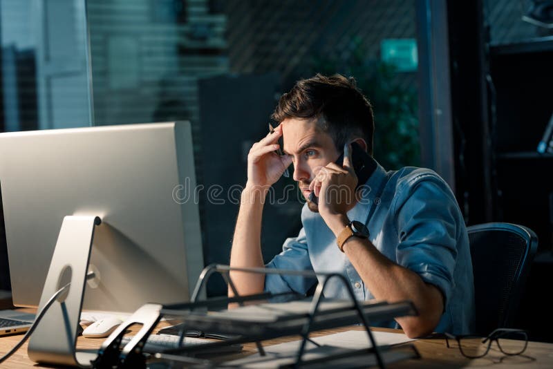 Frowning Man Working Late with Computer Stock Image - Image of ...