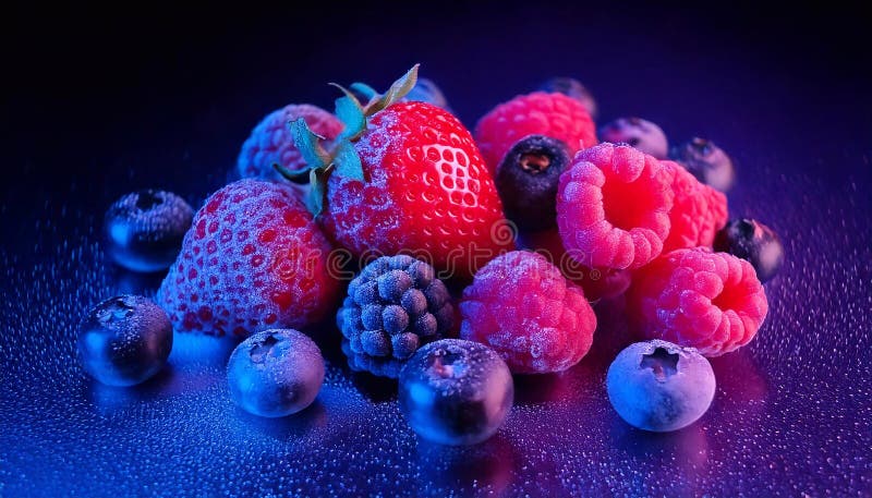 Frozen Assorted Berries Illuminated with Neon Lights on a Dark Backdrop ...