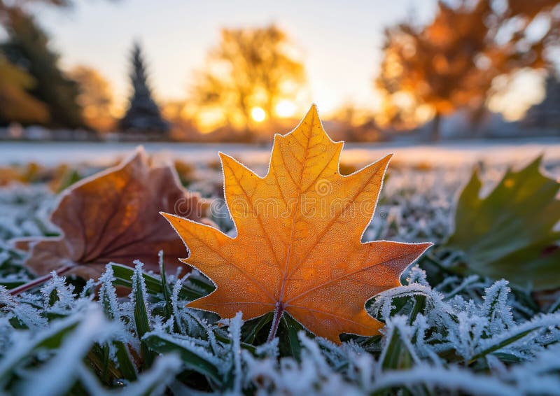 Frozen Autumn Maple Leaf Sunrise Meadow High Quality Image Stock ...