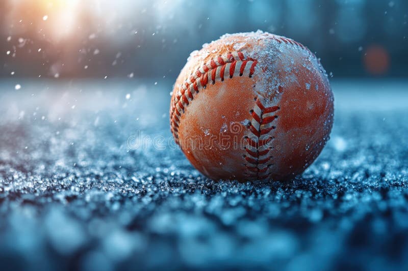 Frozen Baseball Resting on a Snowy Surface during a Winter Evening ...