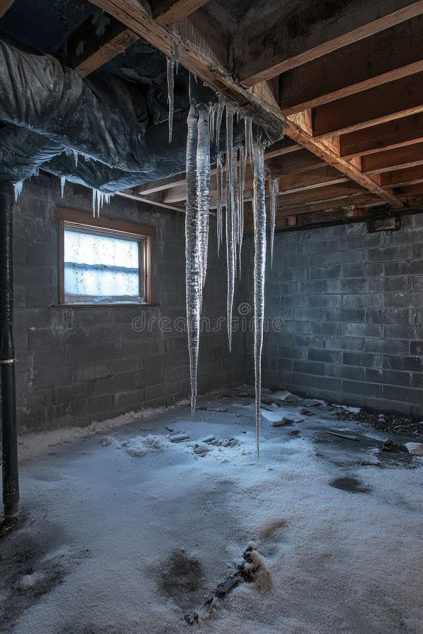 Frozen Basement with Icicles Hanging from Wooden Ceiling in Winter ...