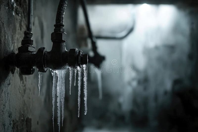 Frozen Basement Pipes with Icicles in Winter Setting Stock Photo ...