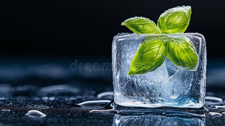 Frozen Basil in Clear Ice Cube with Water Droplets Creating a Fresh ...