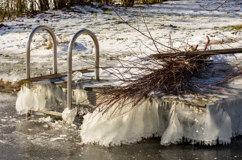 Ice and Frozen Snow Covered Dock at Frozen Pool of Water Stock Photo ...