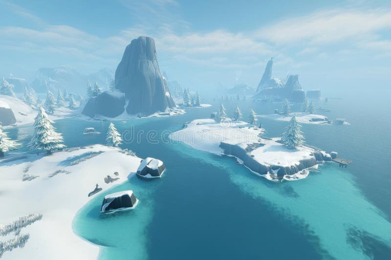 Frozen Bay Flows through Snowy Landscape with Winter Wonderland Stock ...