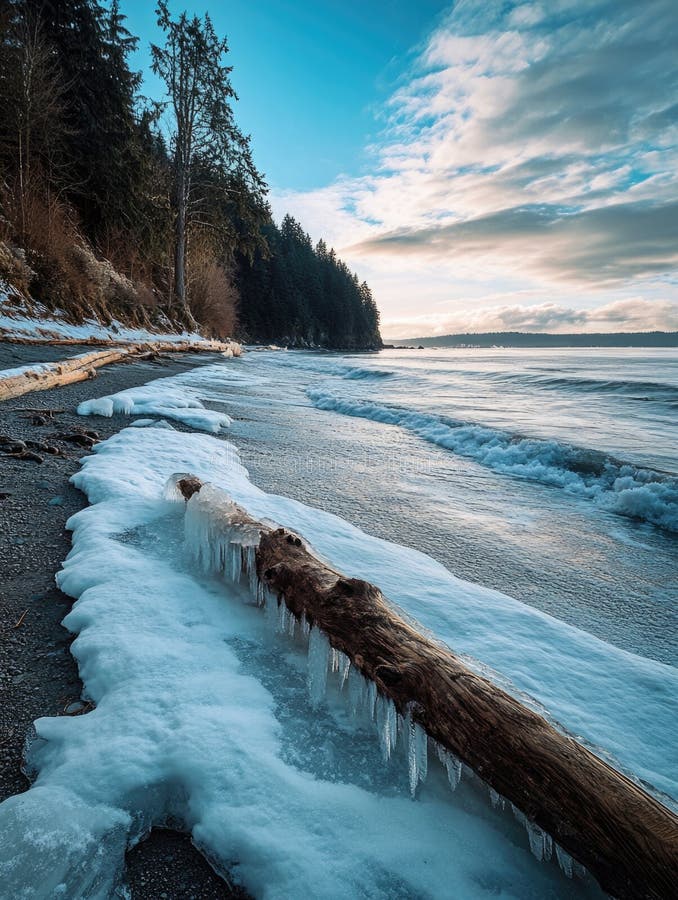 Frozen Beach stock photo. Image of snow, covered, atmosphere - 358377912