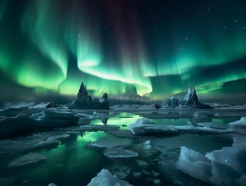 Frozen Beauty: Aurora Over a Frozen Landscape Stock Illustration ...