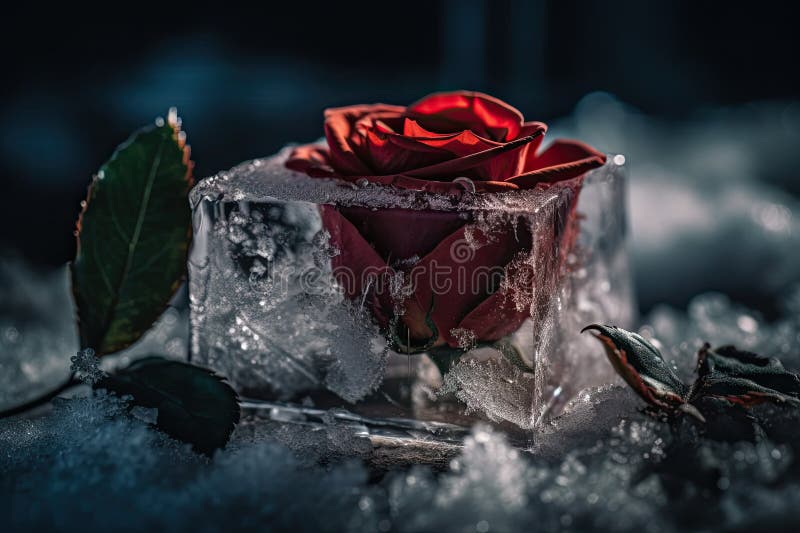 Frozen Beauty: a Red Rose Trapped in an Ice Cube in a Natural Setting ...