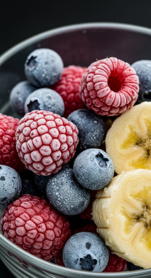 Frozen Berries and Banana Slices in Glass Bowl Stock Illustration - Illustration of blueberries ...